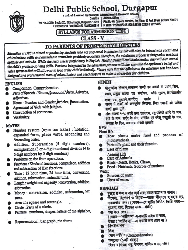 Syllabus for Admission Test