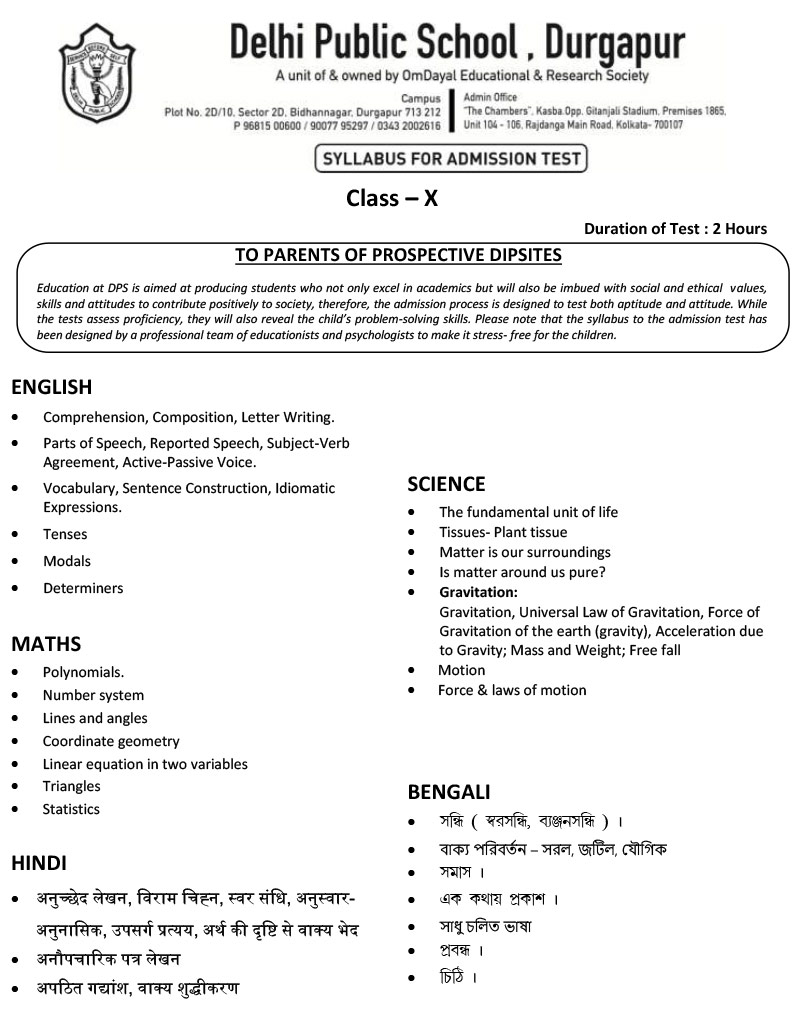 Syllabus for Admission Test