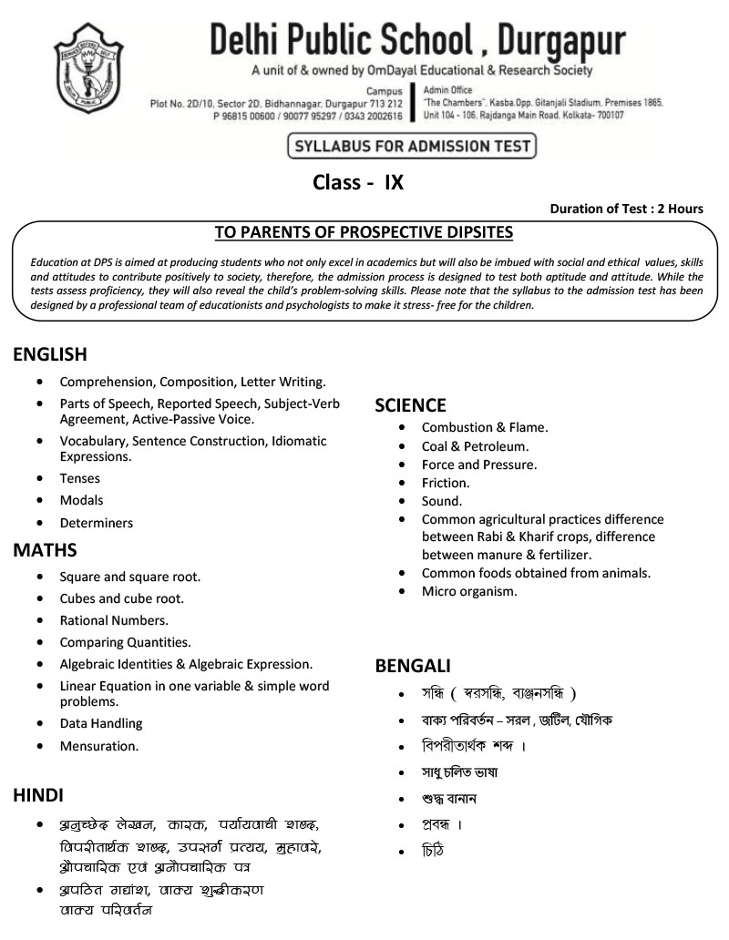 Syllabus for Admission Test